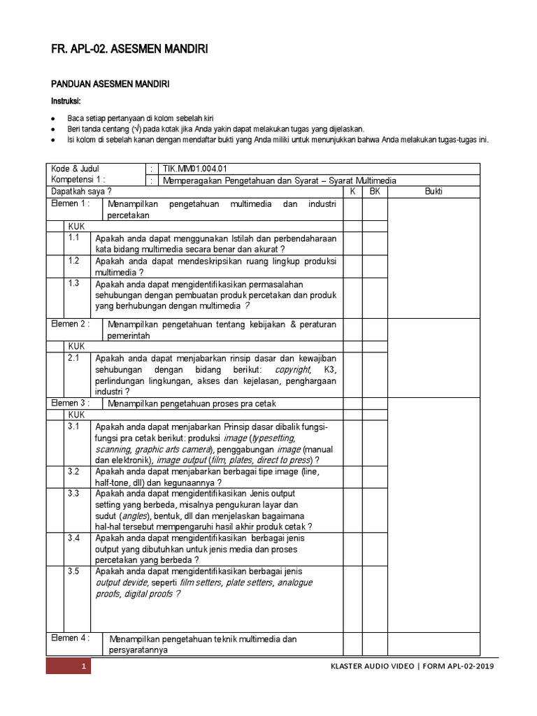 FR - Apl-02. Asesmen Mandiri | PDF
