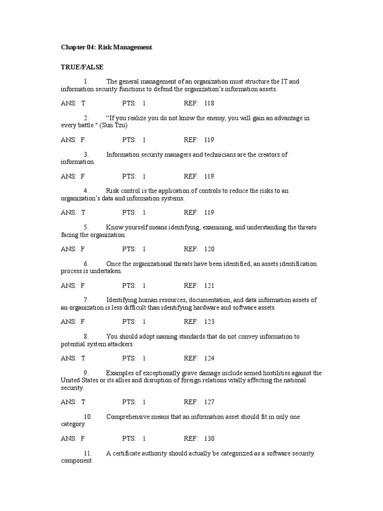 Chapter 04: Risk Management True/False | PDF | Vulnerability (Computing ...