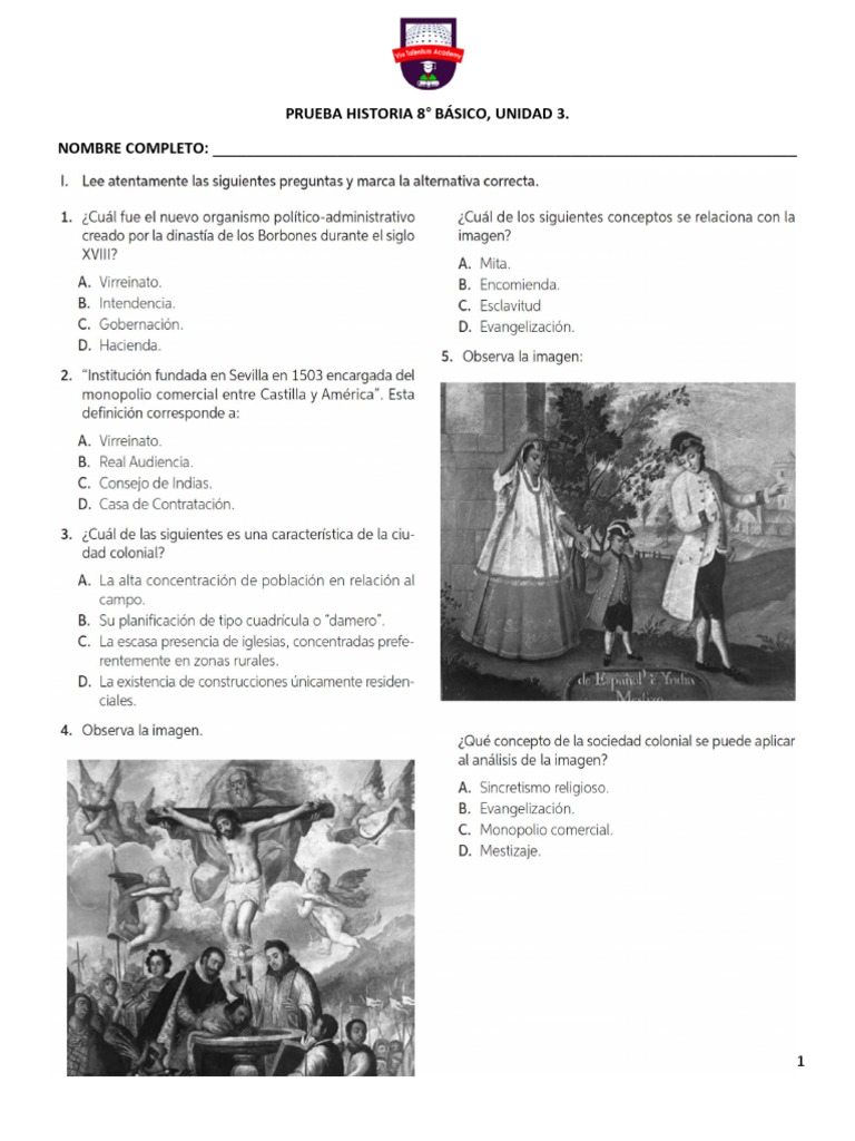Prueba Historia 8° Básico, Unidad 3 | PDF