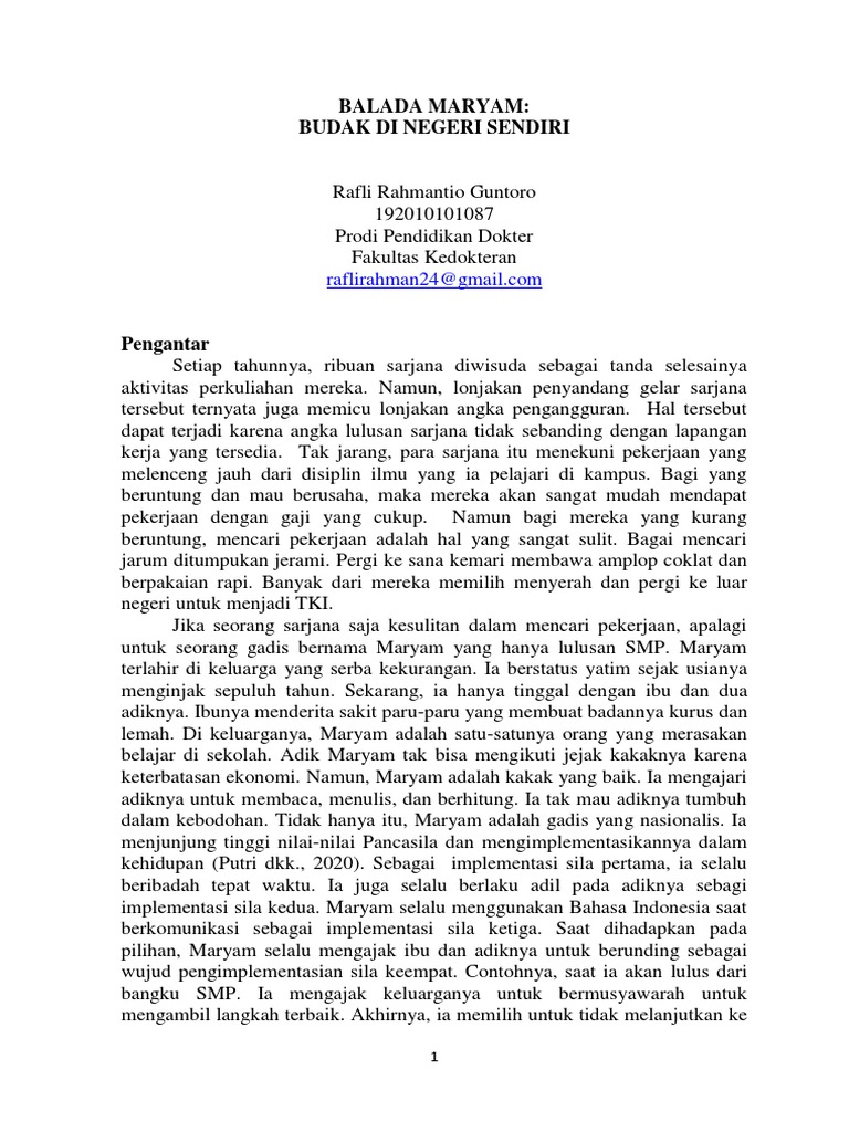 Contoh Tugas Individu Balada Maryam Budak Di Negeri Sendiri - 1920 A | PDF