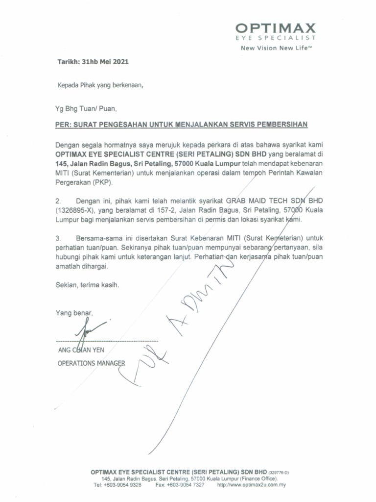 Surat Lantikan (SAMPLE) - Kontraktor Pembershihan - Syarikat + MITI Kementerian Surat | PDF