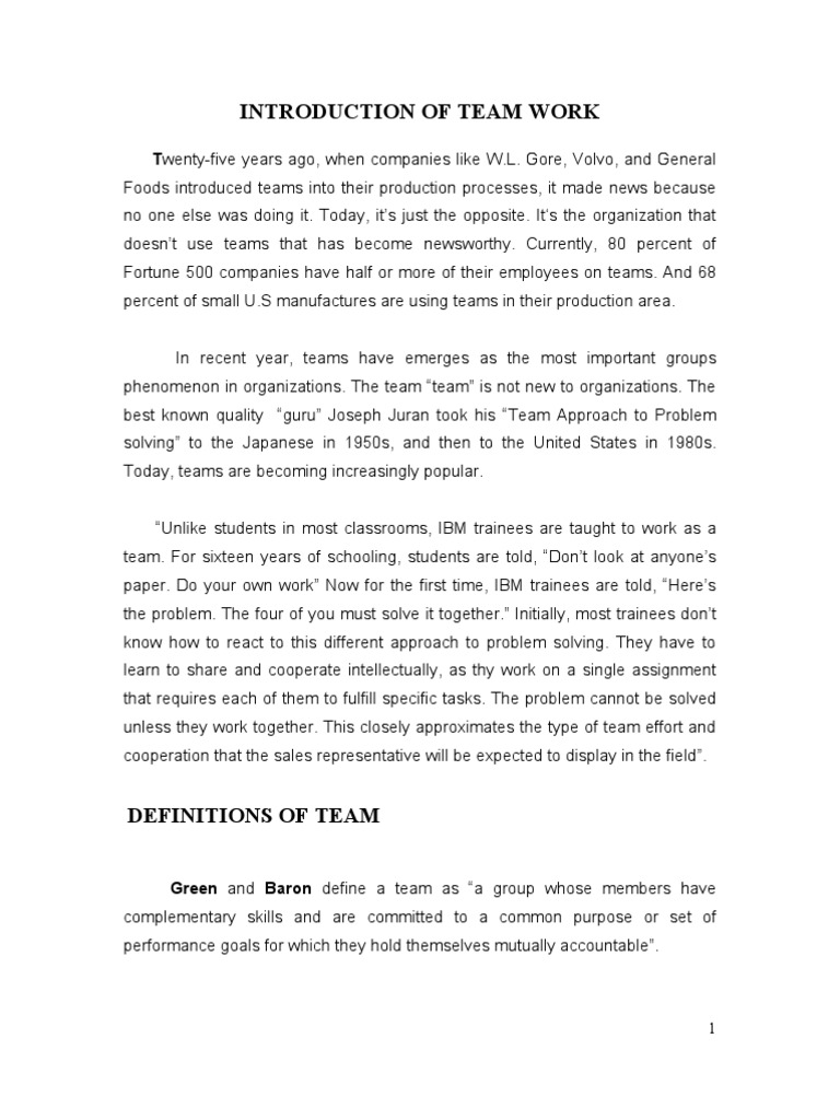 Introduction of Team Work: Green and Baron Define A Team As "A Group ...