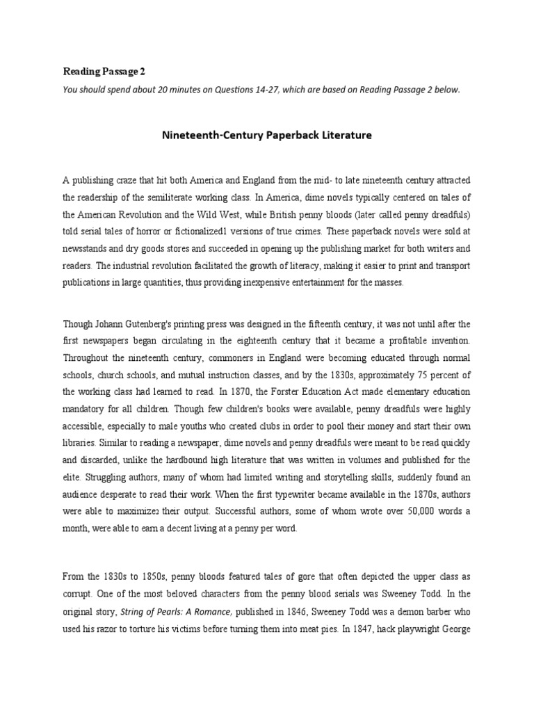 Nineteenth-Century Paperback Literature: Reading Passage 2 | PDF ...