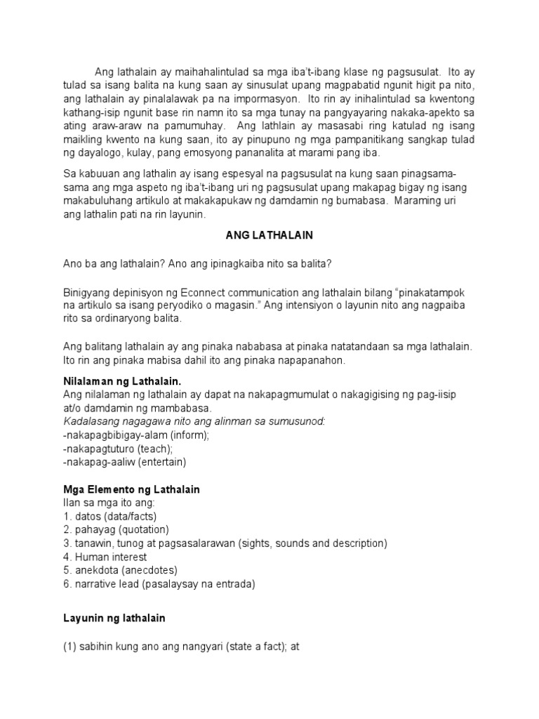 Pagsulat NG Lathalain Filipino 10 SSC A at SSCB | PDF