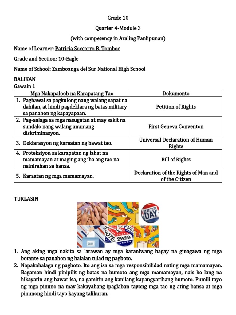 Araling Panlipunan Quarter 4-Module 3 Answer Sheet | PDF