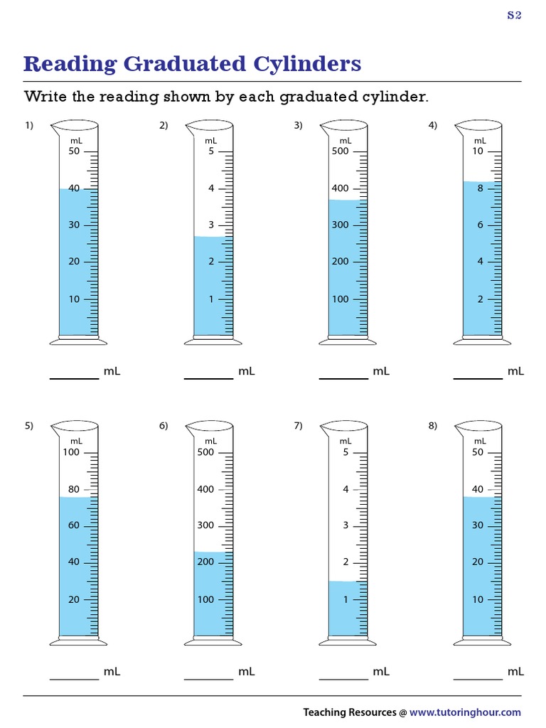 Reading Graduated Cylinders: Write The Reading Shown by Each Graduated ...