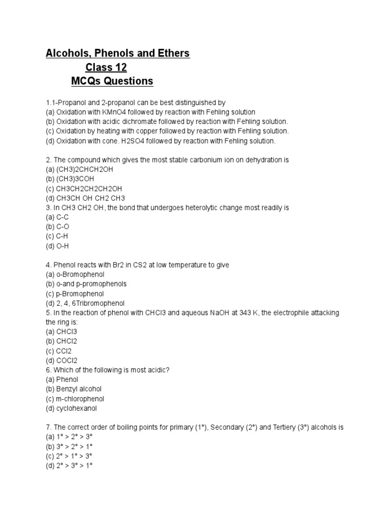 Class 12 MCQs on Alcohols, Phenols, Ethers | PDF | Alcohol | Ether