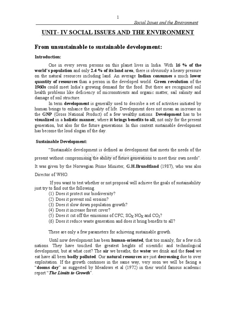Unit-Iv Social Issues and The Environment From Unsustainable To ...