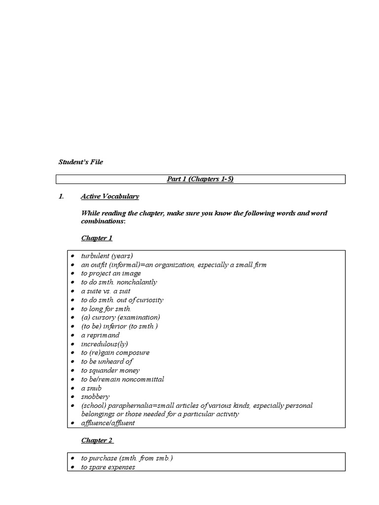 Student's File Part 1 (Chapters 1-5) 1. Active Vocabulary While Reading ...