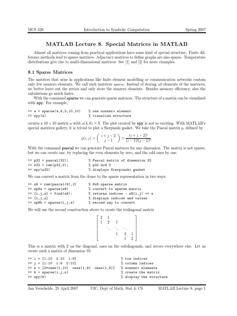 MATLAB Lecture 8. Special Matrices in MATLAB | PDF | Matrix (Mathematics) | Mathematical Concepts