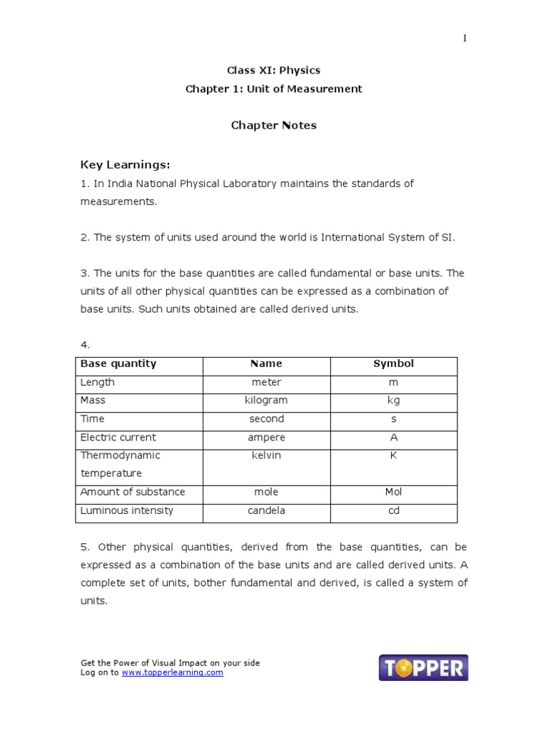 Chapter Notes Key Learnings:: Class XI: Physics Chapter 1: Unit of ...