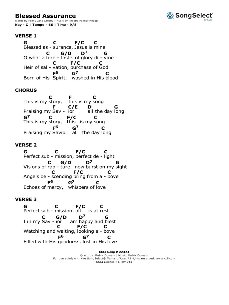 Blessed Assurance: Verse 1 G C F/C C C G/D D G C F/C C F G C | PDF