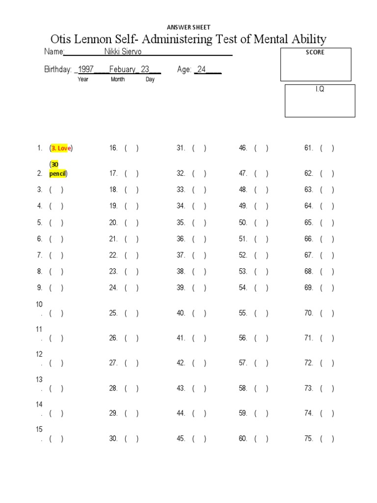 Olsat Answer Sheet | PDF