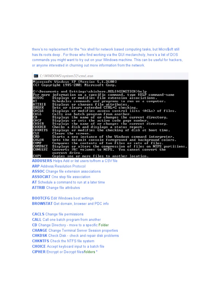 List of MS-DOS commands for hacking and defense (less than 40 chars ...