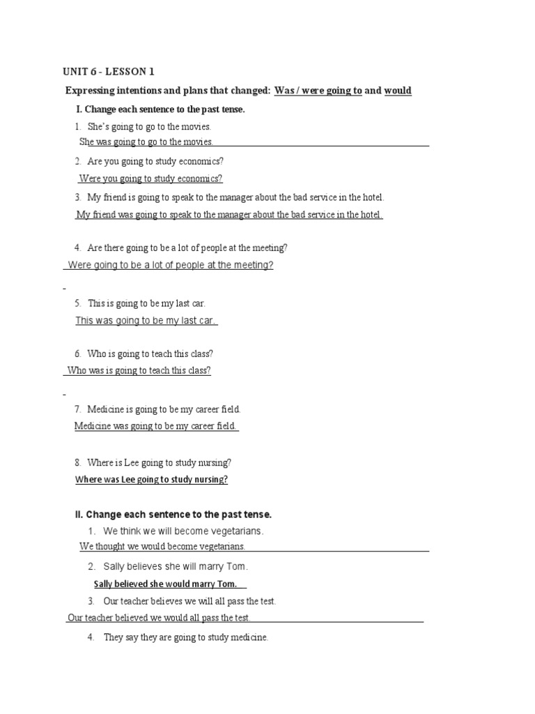 Unit 6 - Lesson 1 Expressing Intentions and Plans That Changed: Was ...