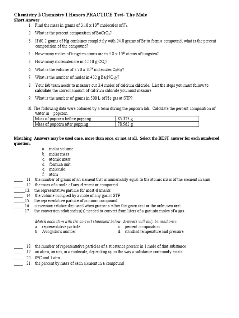 Chemistry I/Chemistry I Honors PRACTICE Test-The Mole: Short Answer ...