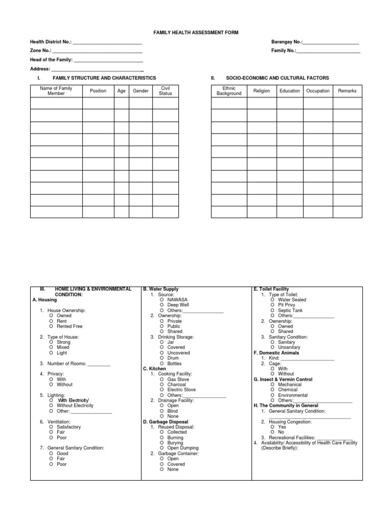 Family Health Assessment Form | PDF | Sanitation | Breastfeeding