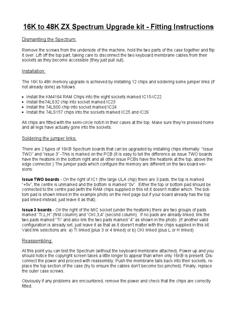 16K To 48K ZX Spectrum Upgrade Kit - Fitting Instructions | PDF ...