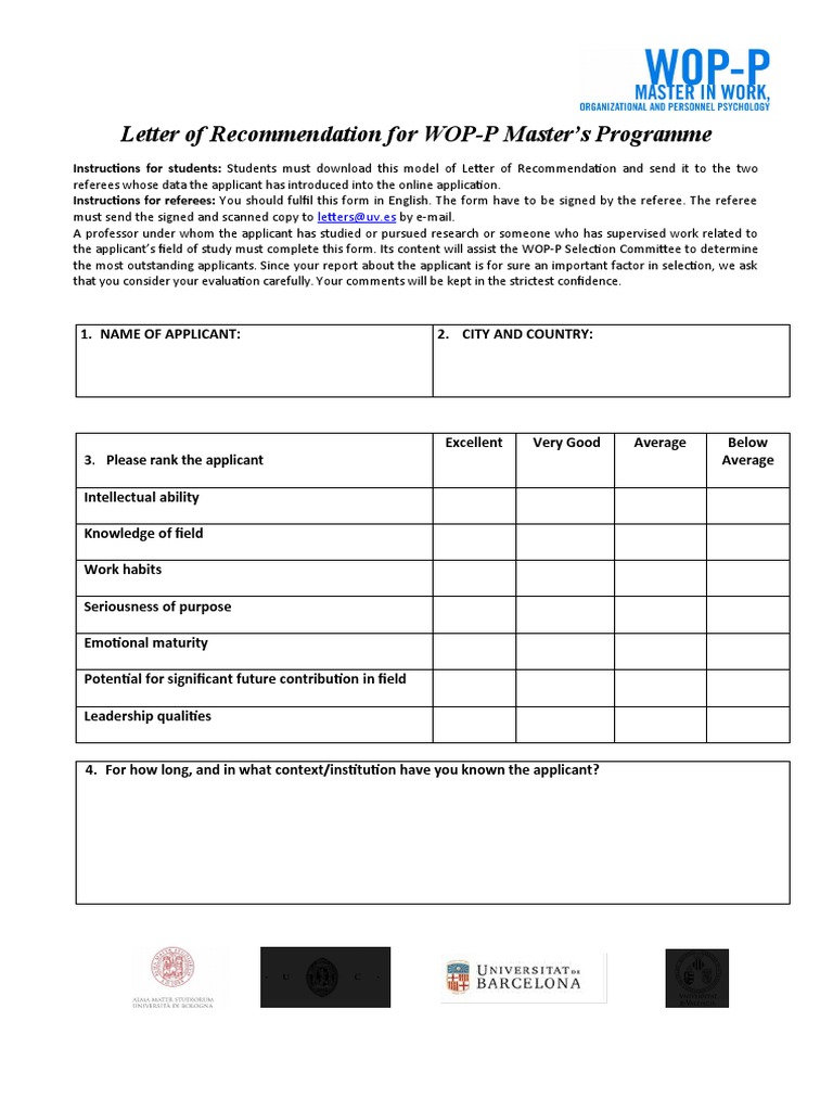 Letter of Recommendation For WOP-P Master's Programme: Letters@uv - Es ...