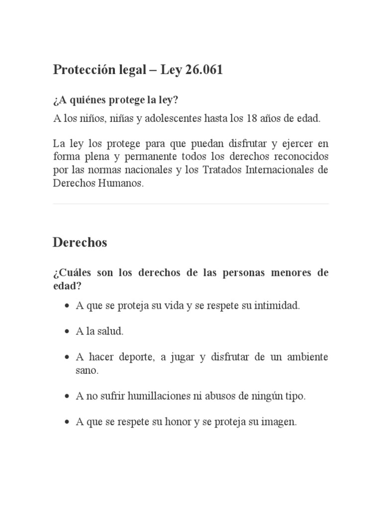 Ley Simple 26061 - Breve Resumen | PDF | Familia | Adolescencia