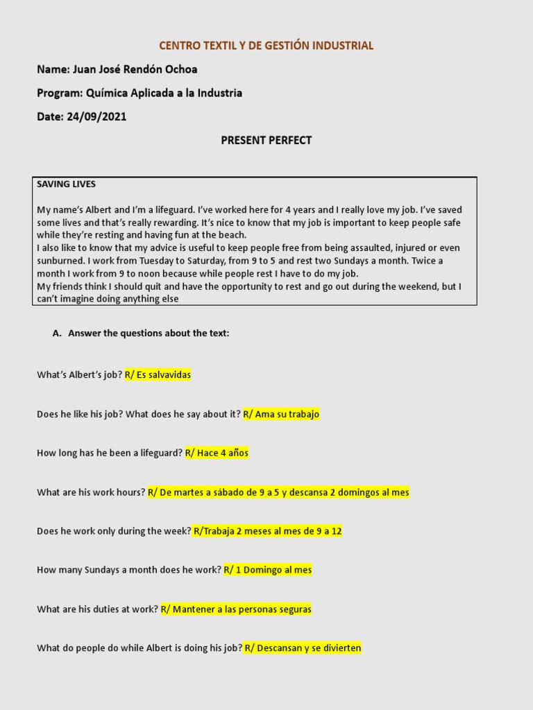 Presente Perfecto Reading Comprehension Activity | PDF