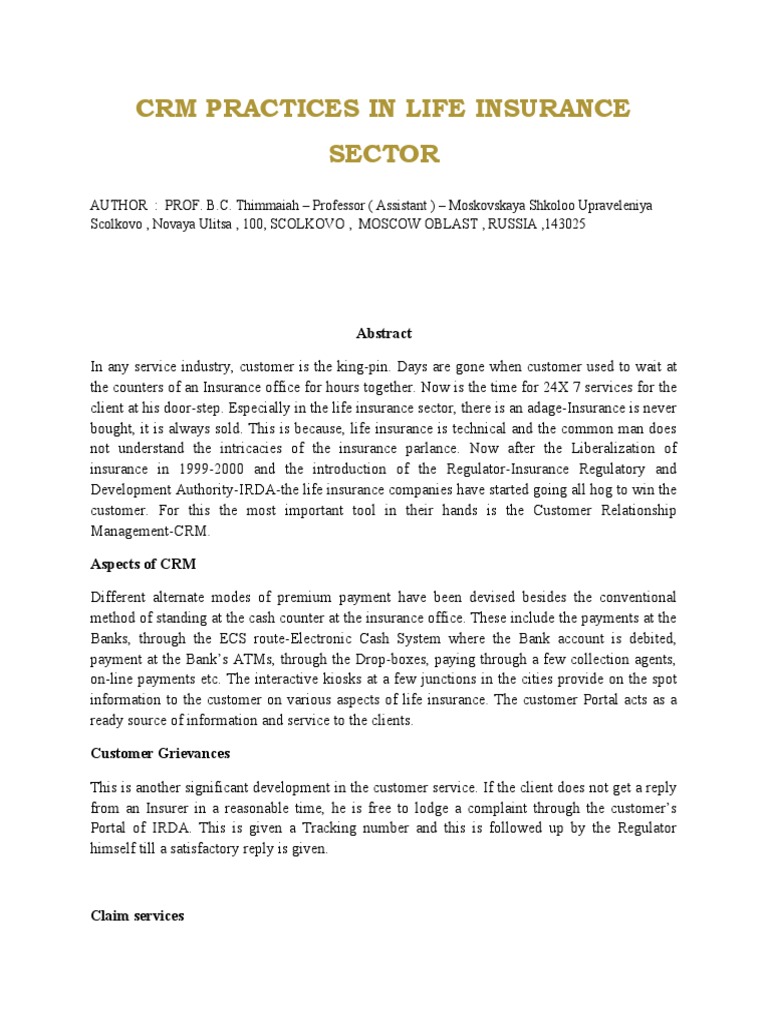 CRM Practices in Life Insurance Sector | PDF | Insurance | Customer ...