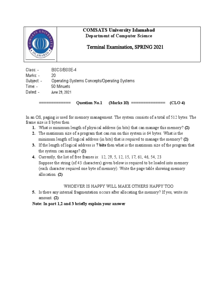COMSATS University Islamabad: Terminal Examination, SPRING 2021 | PDF ...