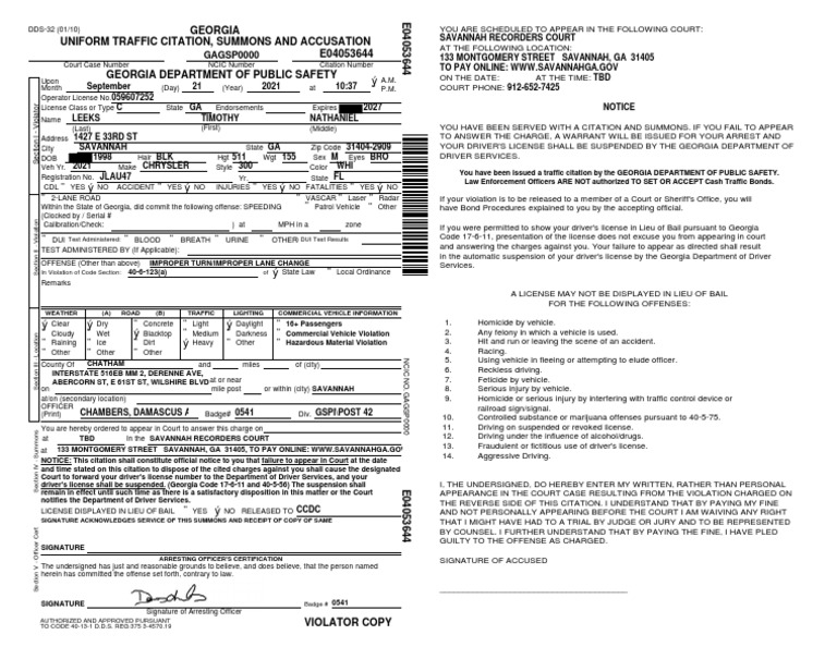 Uniform Traffic Citation E04053644 VIOLATOR - Redacted | PDF | Summons ...
