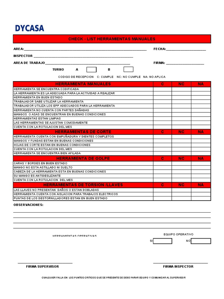 Check List Herramientas Manuales | PDF | Herramientas | Bienes ...