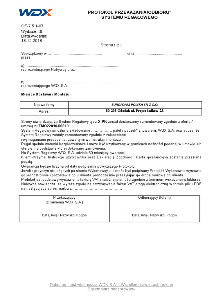 Protokol Odbioru Systemu Regalowego | PDF