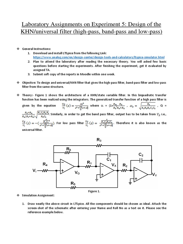 Laboratory Assignments On Experiment 5: Design of The KHN/universal Filter (High-Pass, Band-Pass ...