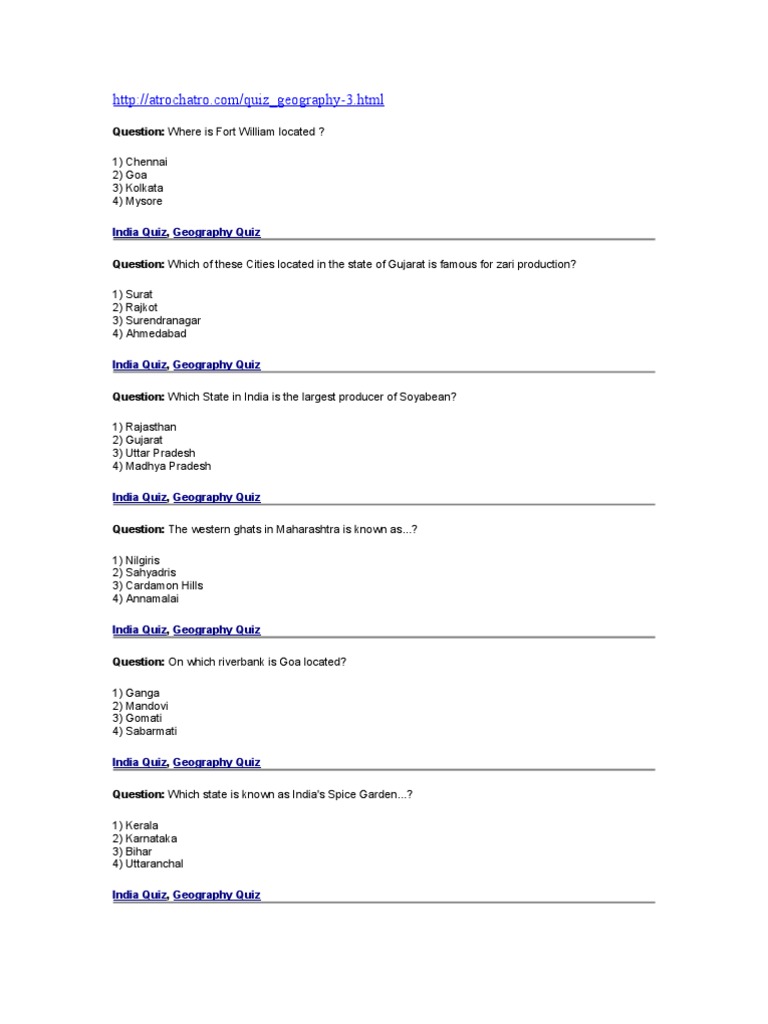 Geography Quiz | PDF | South Asia