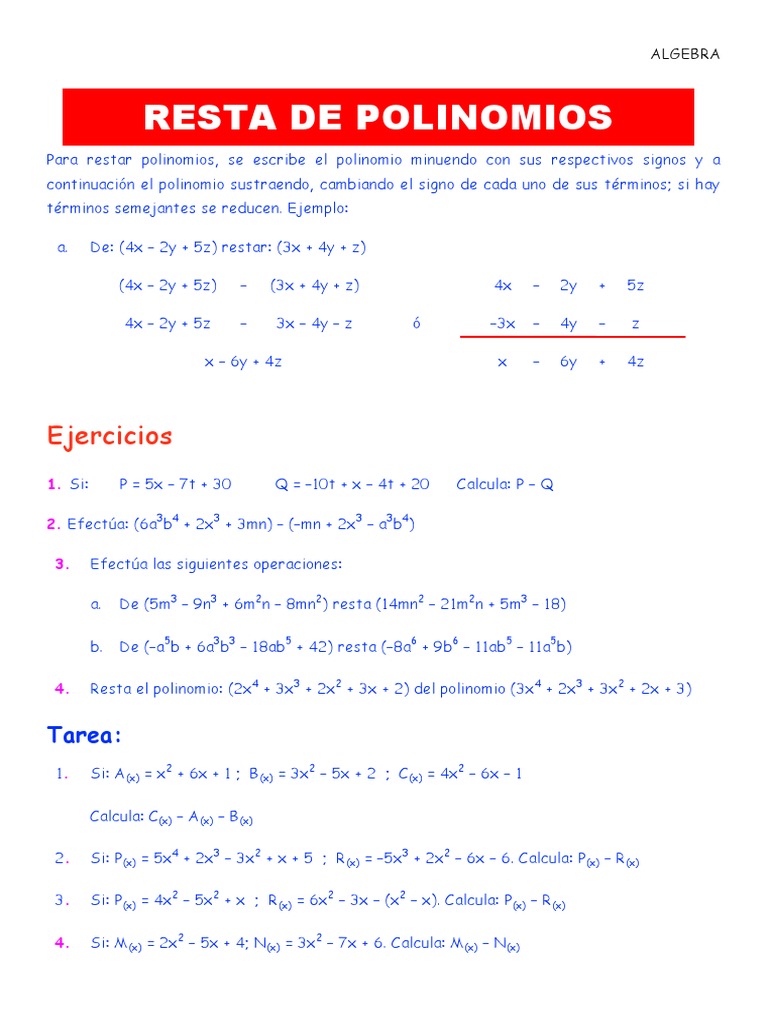 Resta de Polinomios Alg5to6to | PDF
