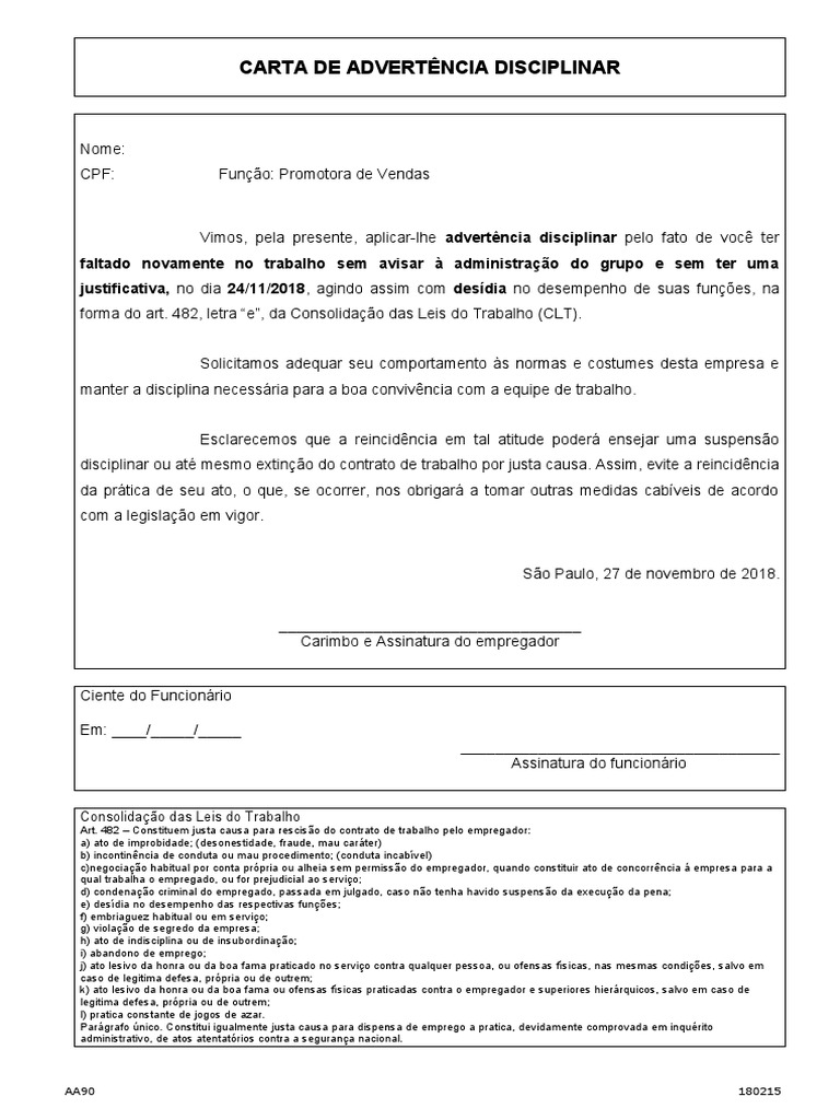 Modelo Carta Advertencia | PDF | Justiça | Crime e Violência