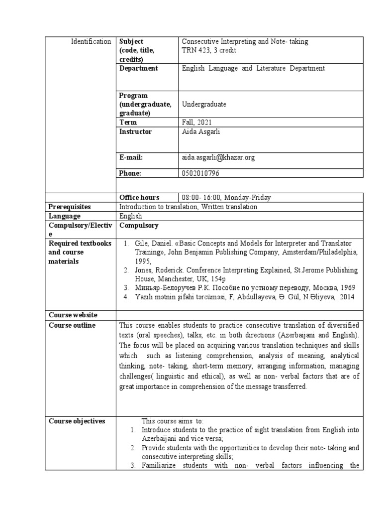 Consecutive Interpreting and Note Taking-Syllabus Fall, 2021 | PDF ...