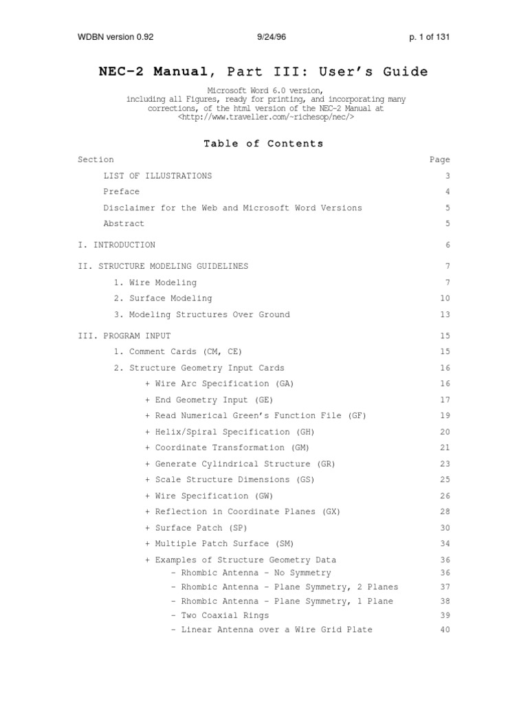 NEC-2 Manual, Part III: User's Guide: Table of Contents | PDF ...