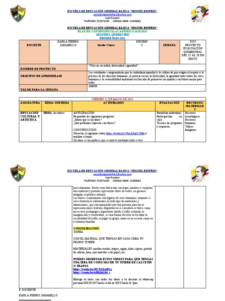 Plan Eca Decimo 28 Mayo | PDF | Marionetas | Evaluación