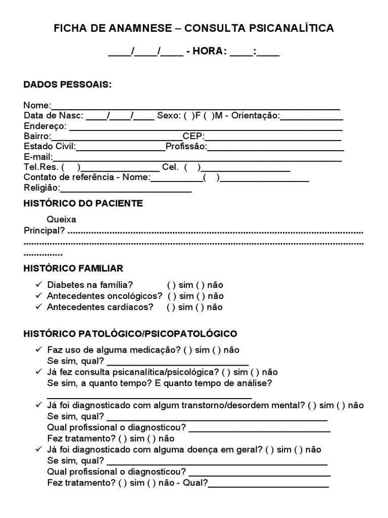 Ficha anamnese consulta psicanalítica | PDF | Psicologia | Distúrbio mental
