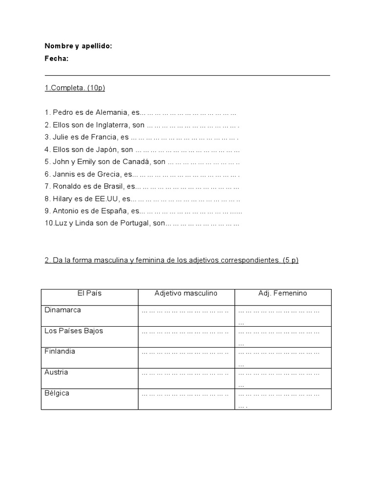 Adjetivos de Nacionalidad y Profesiones Ejercicios de Gramatica Hoja de ...