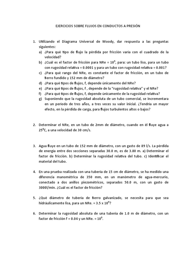 Ejercicios Sobre Flujos en Conductos A Presión | PDF | Tubería (transporte de fluidos ...
