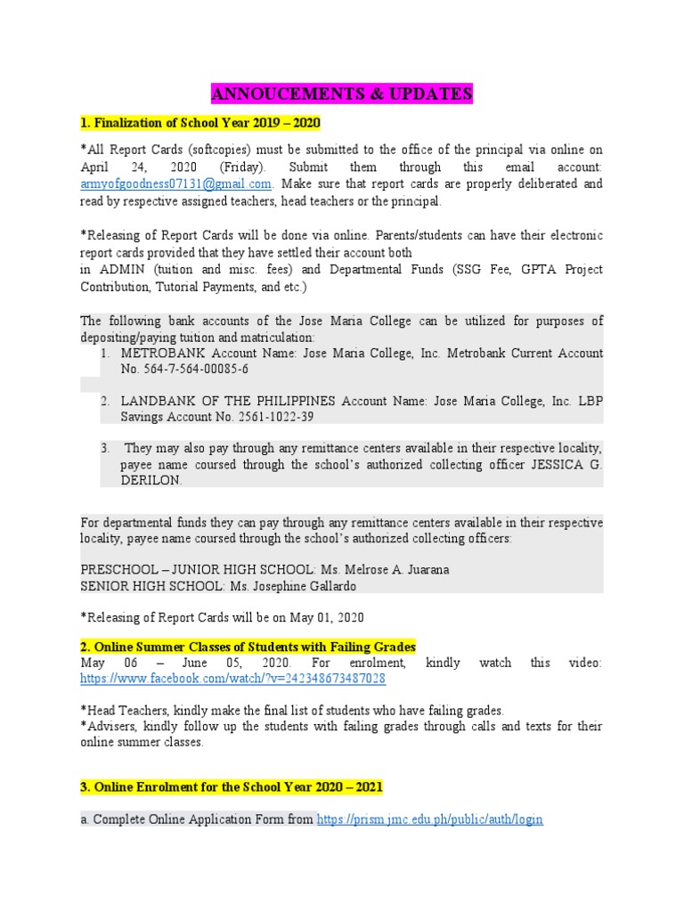 Annoucements & Updates: 1. Finalization of School Year 2019 - 2020 ...