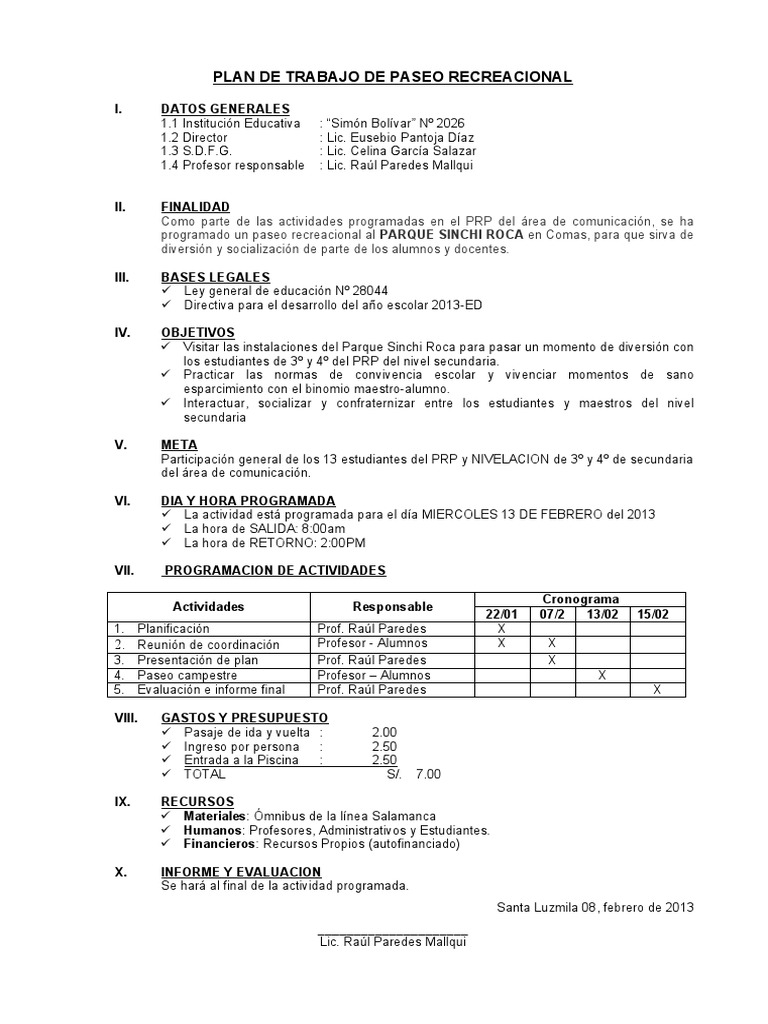 Plan de Paseo Recreacional 2013 Sinchi Roca | PDF