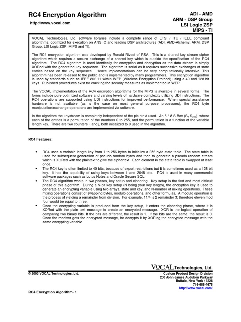 RC4 Encryption Algorithm: Adi - Amd ARM - DSP Group Lsi Logic ZSP Mips - Ti | PDF | Cryptography ...