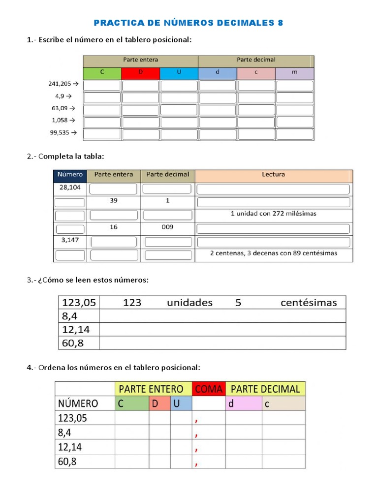 Práctica de Numeros Decimales 8 | PDF | Métodos y materiales de enseñanza