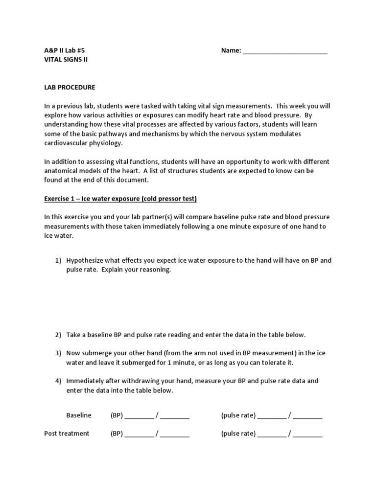 BIOL 2402 Lab 5 Vital Signs Lab 2 | PDF | Heart Valve | Coronary ...