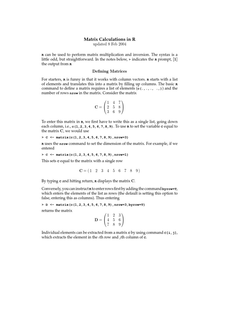 Matrix Calculations in R | PDF | Matrix (Mathematics) | Algebra