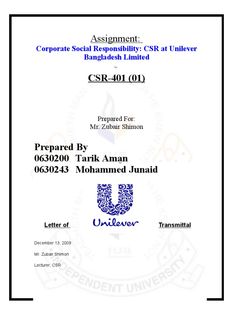 Assignment:: Corporate Social Responsibility: CSR at Unilever Bangladesh Limited | PDF ...