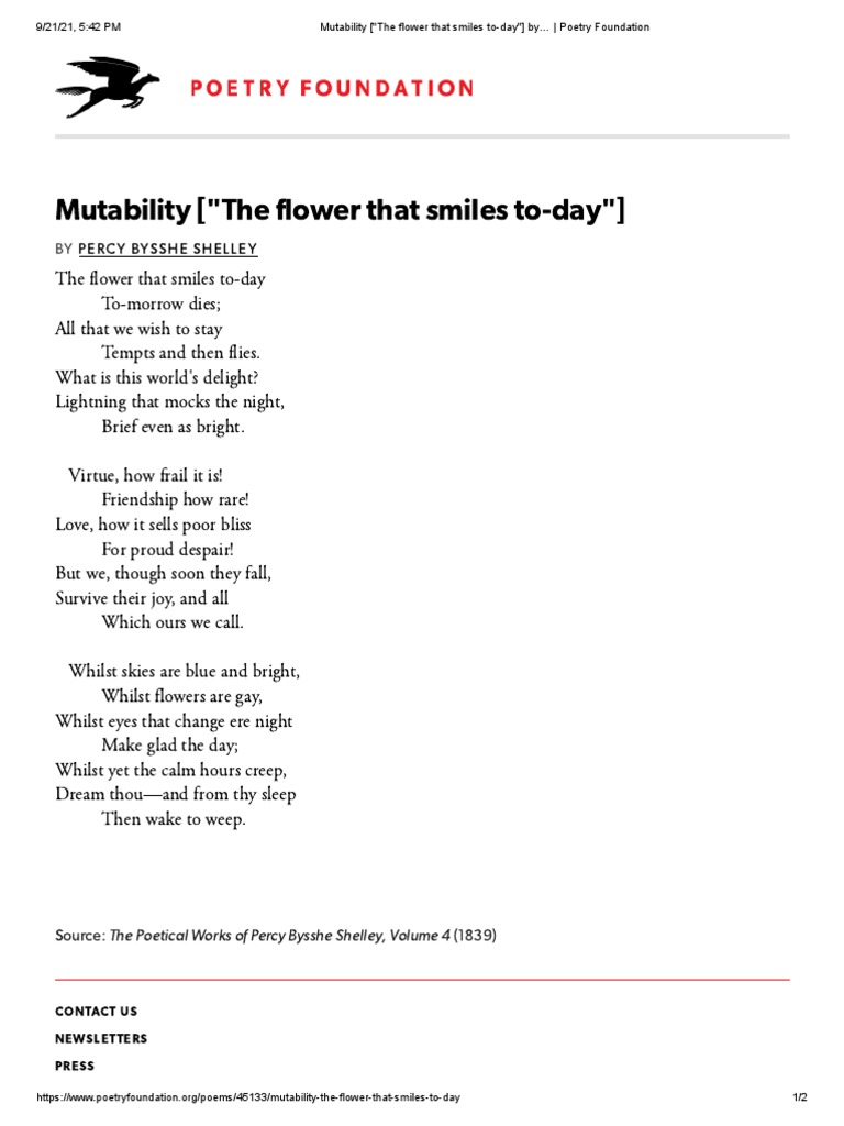 Mutability ( - The Flower That Smiles To-Day - ) by - Poetry Foundation ...