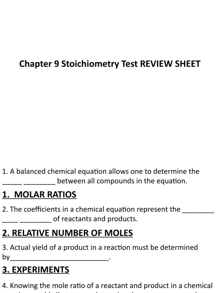Chapter 9 Stoichiometry Test REVIEW SHEET | PDF | Stoichiometry | Mole ...