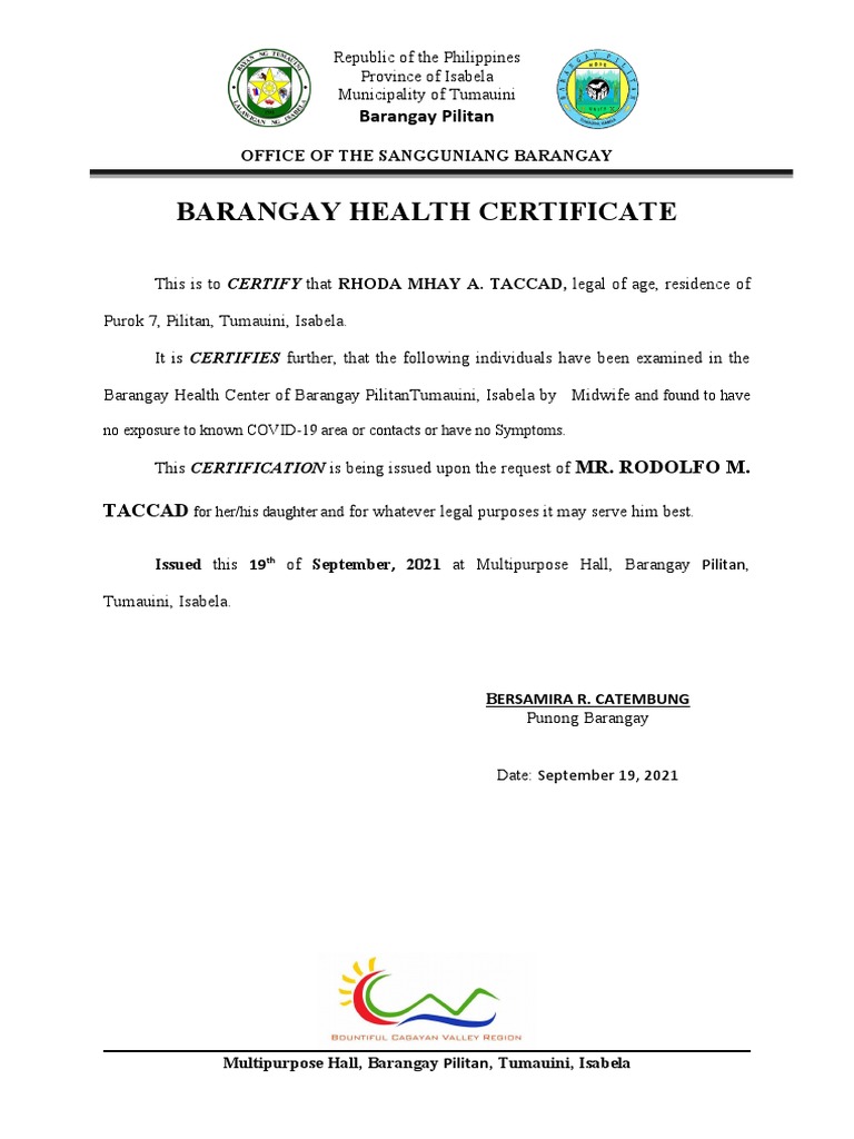 Barangay Health Certificate | PDF | Social Science | Wellness